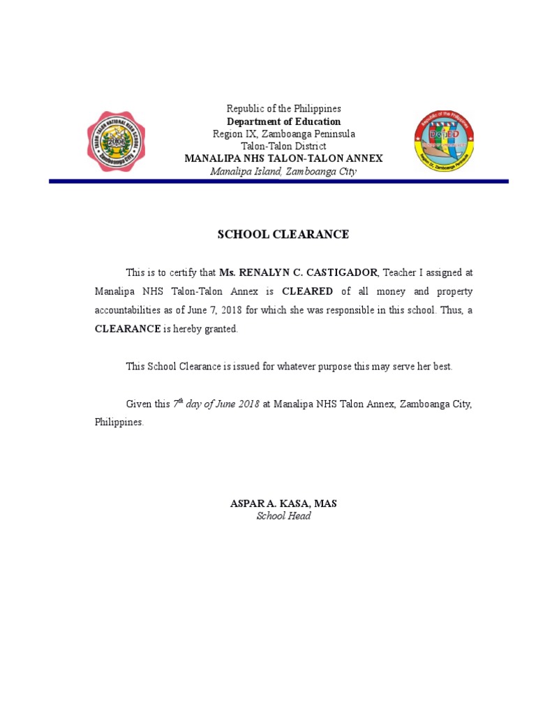 School Clearance for Teacher I Renalyn C. Castigador | PDF