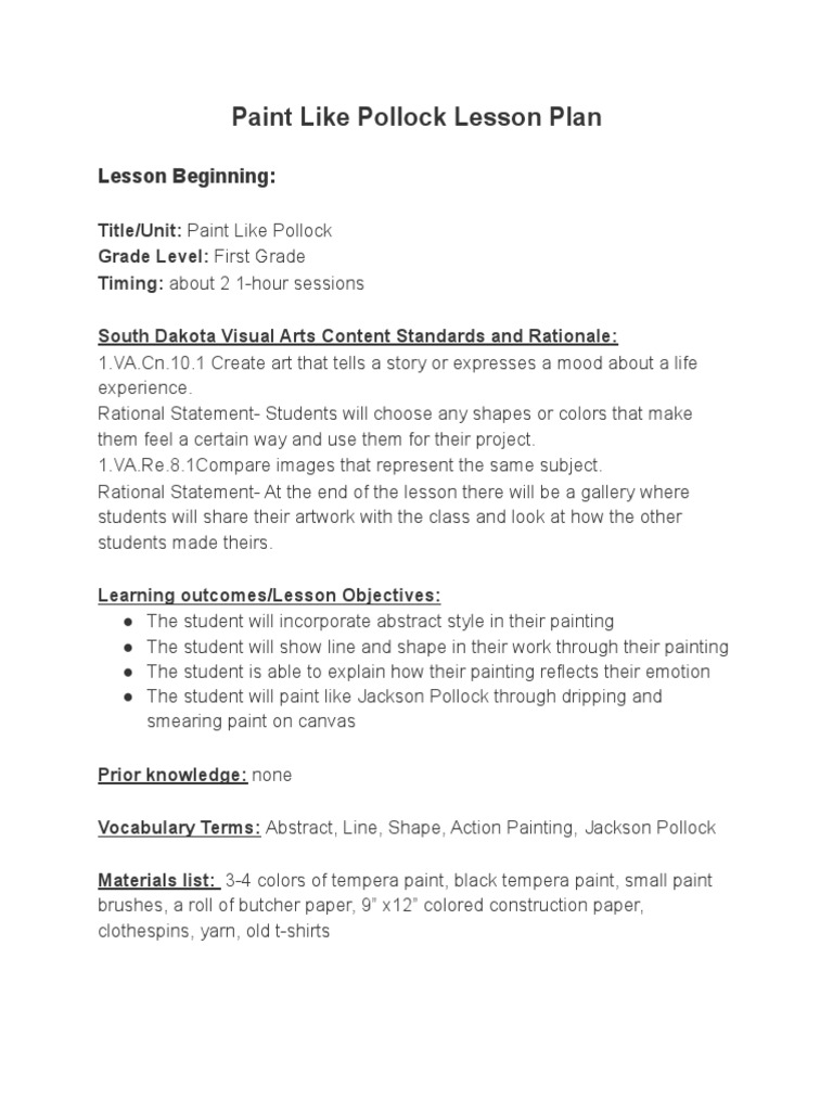 Paint Like Pollock Art Lesson Plan | PDF | Paintings | Lesson Plan