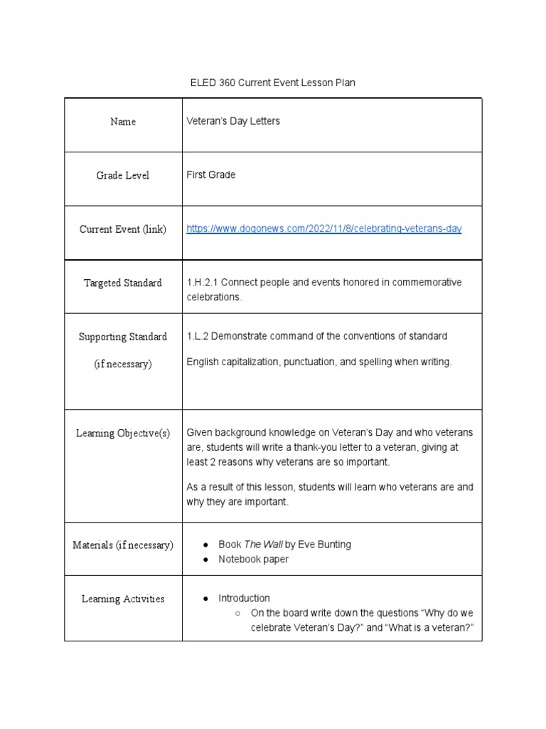 Veterans Day Letters Lesson Plan | PDF | Learning