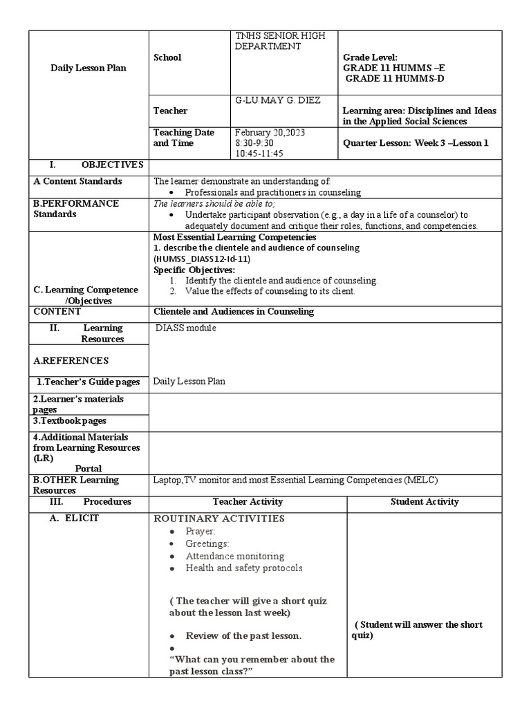 DLP (DIASS) Week 2 - Lesson 2 | PDF | Mental Health | School Counselor