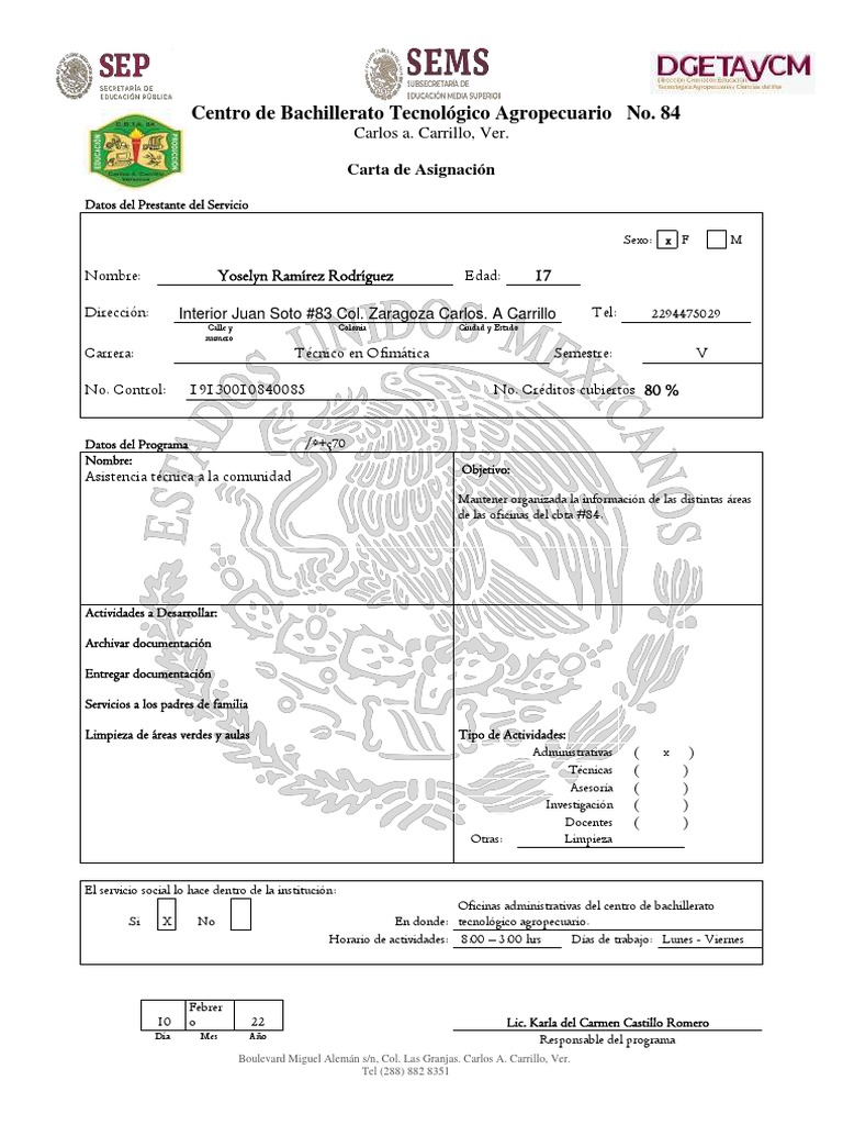 Carta de Asignación Servicio Social CBTA 84 | PDF