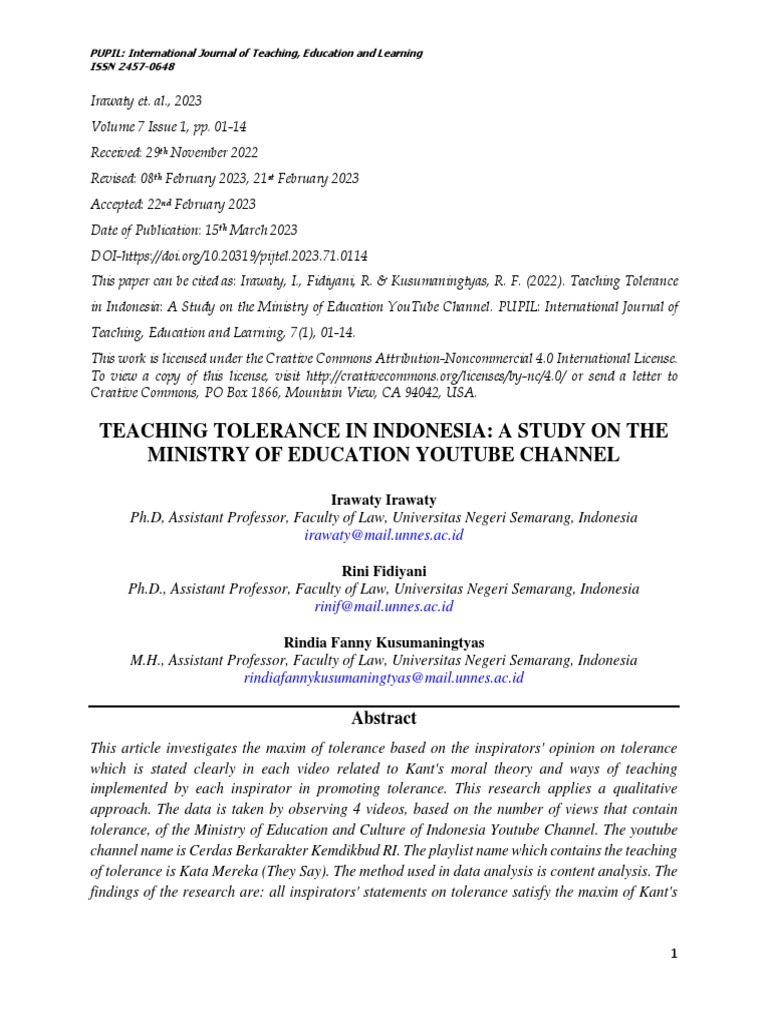 Teaching Tolerance in Indonesia: A Study On The Ministry of Education Youtube Channel | PDF ...