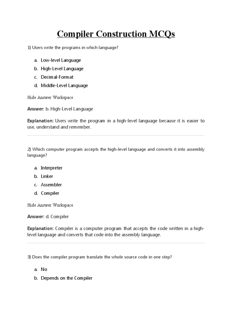 Compiler Construction MCQs | PDF | Parsing | Compiler