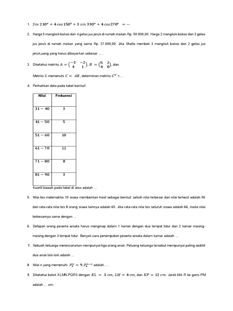 Latihan US Kelas 12 Matematika Wajib | PDF