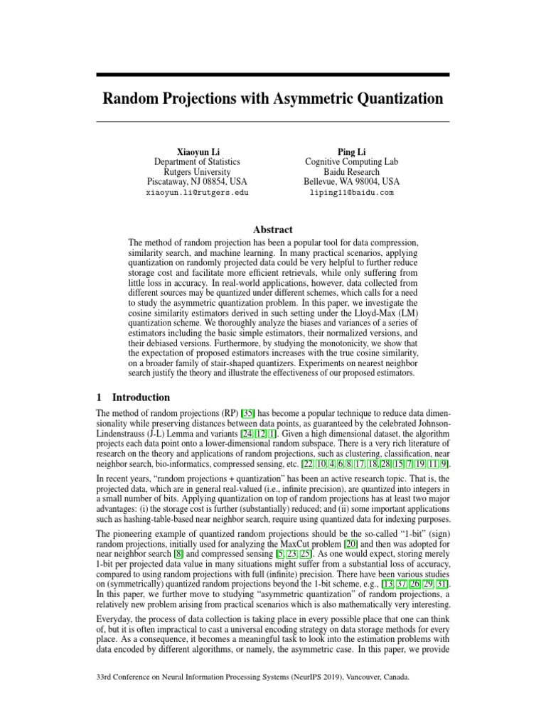 Random Projections Asymmetric Quantization 2020 Pdf Estimator Mean Squared Error