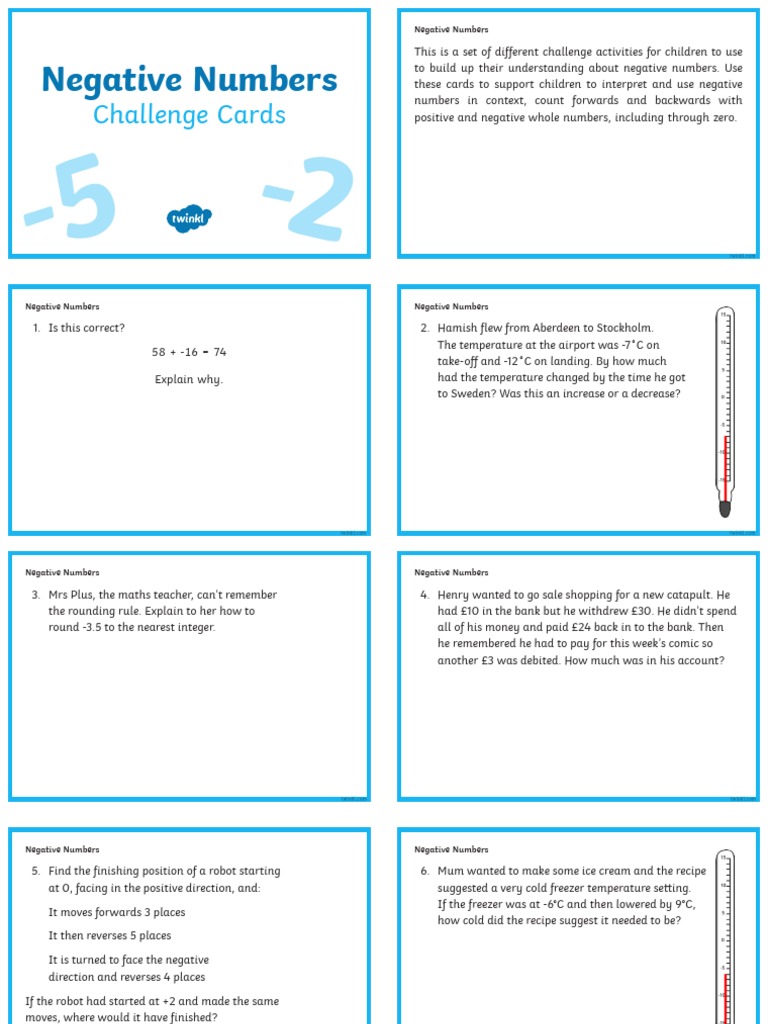 Negative Numbers Challenge Cards | PDF
