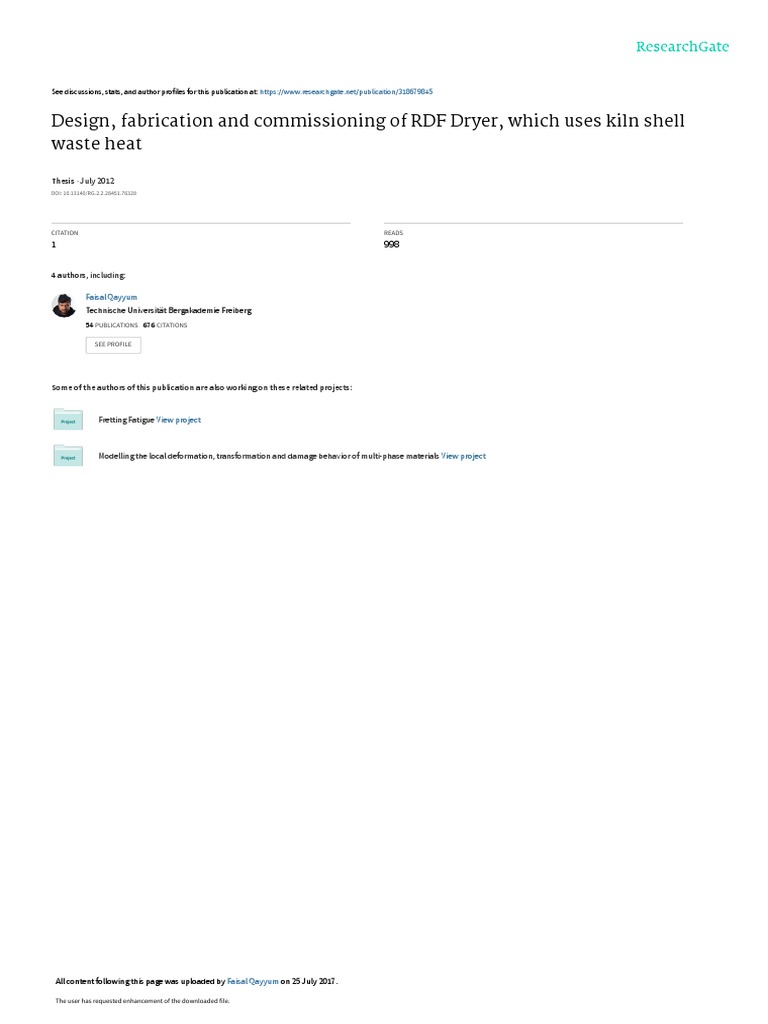 2012 - Design, Fabrication and Commissioning of RDF PDF | PDF | Heat Transfer | Nature