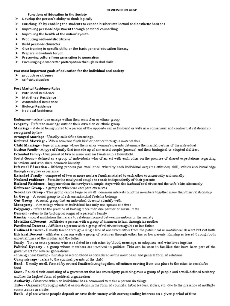 Ucsp Reviewer | PDF | Family | Marriage