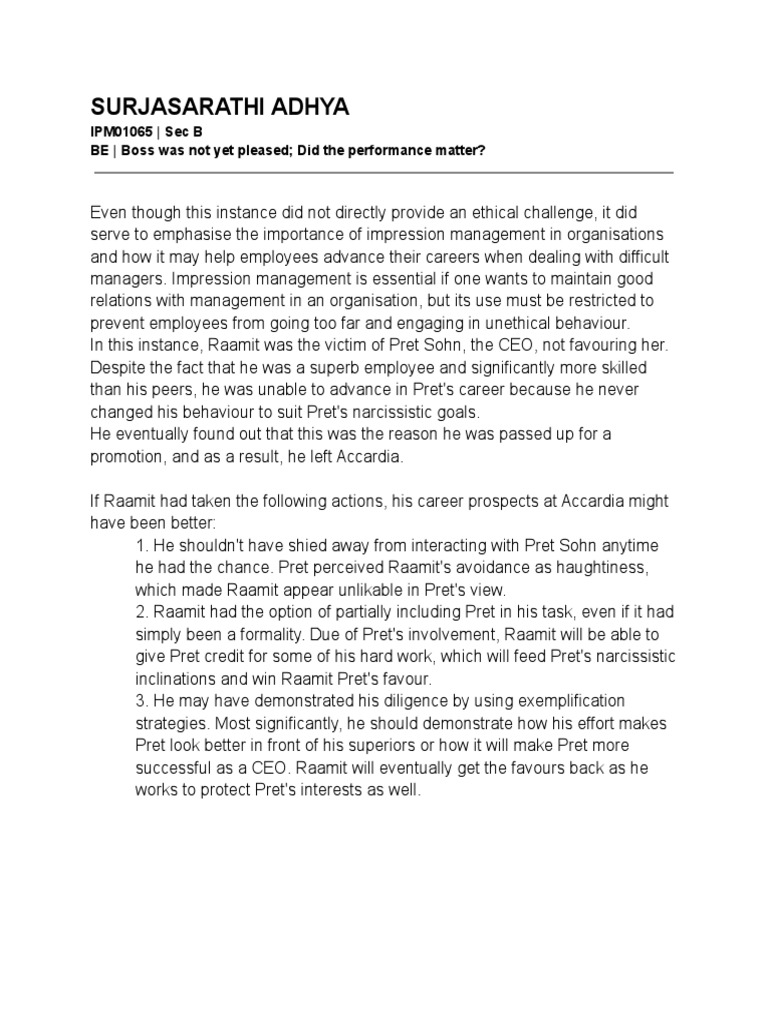 Surjasarathi Adhya: IPM01065 - Sec B BE - Boss Was Not Yet Pleased Did The Performance Matter? | PDF