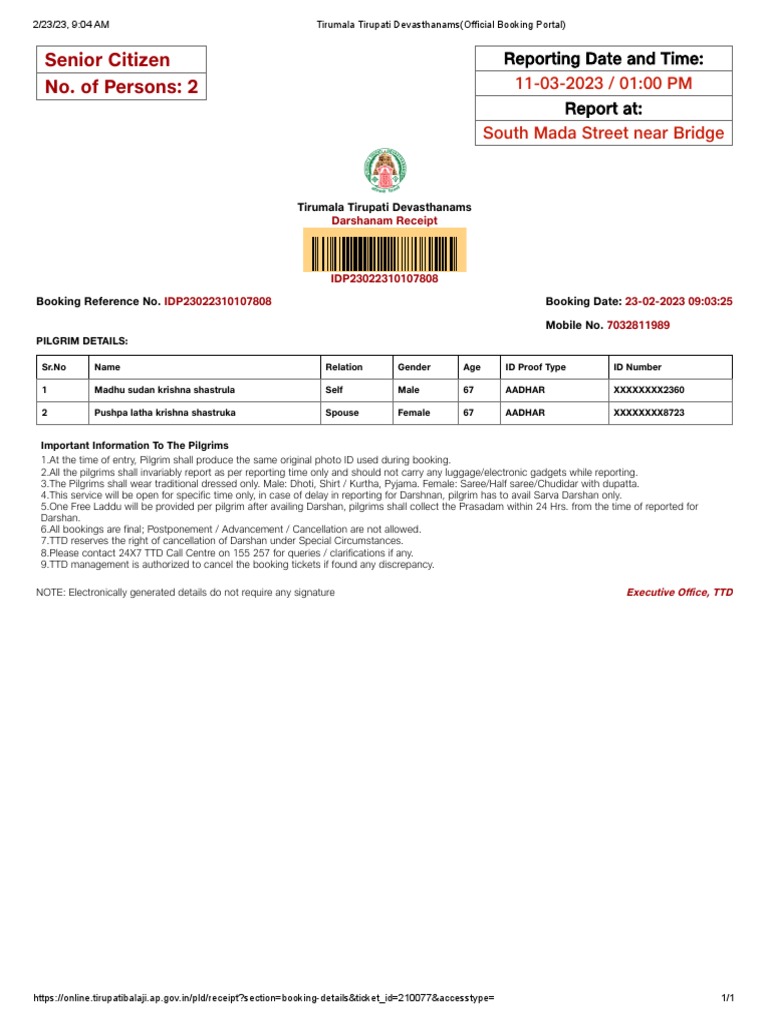 Senior Citizen Darshan Booking Receipt for Tirumala Tirupati Temple ...