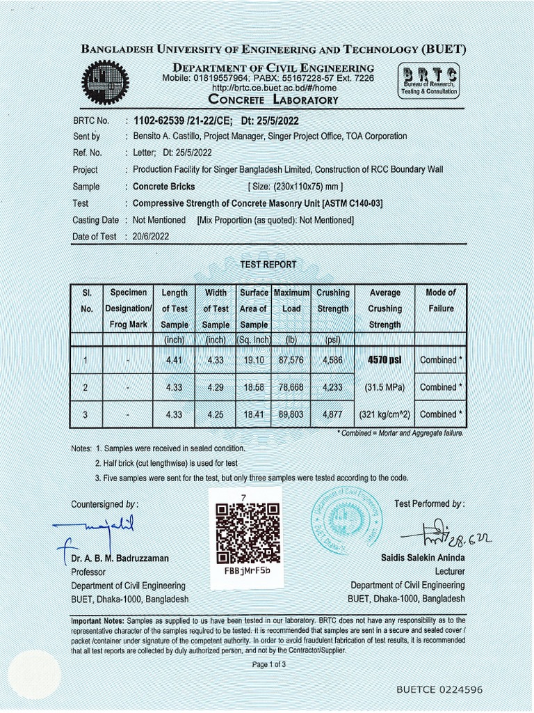 Concrete Bricks Test in BUET-20-06-2022 | PDF