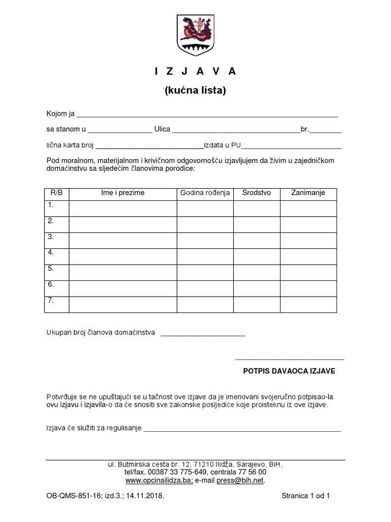 Kucna Lista Ilidza | PDF