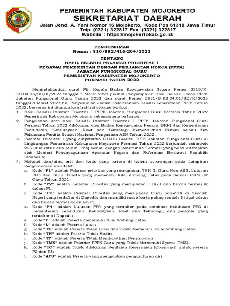 Pengumuman Hasil Seleksi Pppk Jf Guru Formasi Tahun 2022 Pdf Pdf