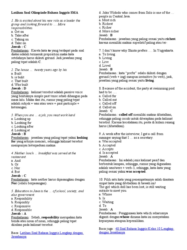 Latihan Soal Olimpiade Bahasa Inggris SMA | PDF