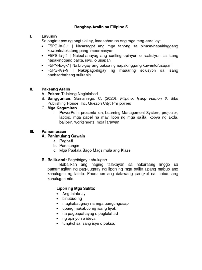 Banghay-Aralin para Sa Filipino 5 | PDF