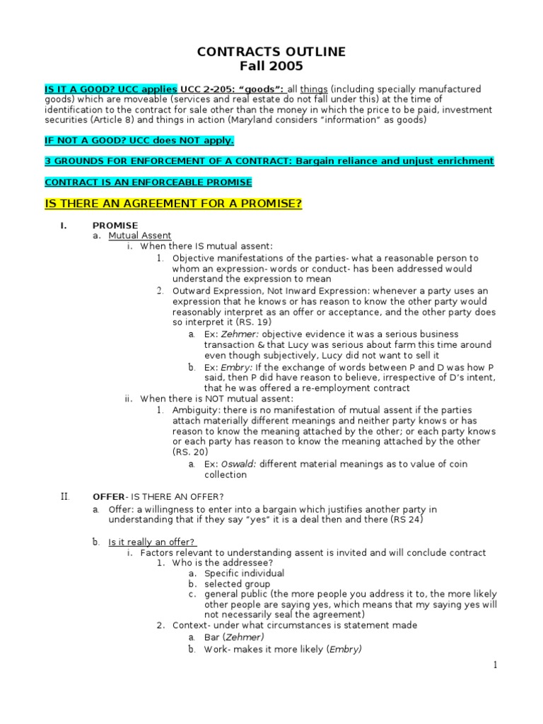 Contracts Outline Fall 2005: Is There An Agreement For A Promise ...