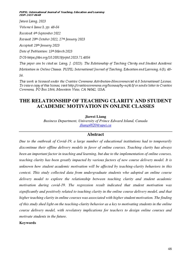 The Relationship of Teaching Clarity and Student Academic Motivation in ...