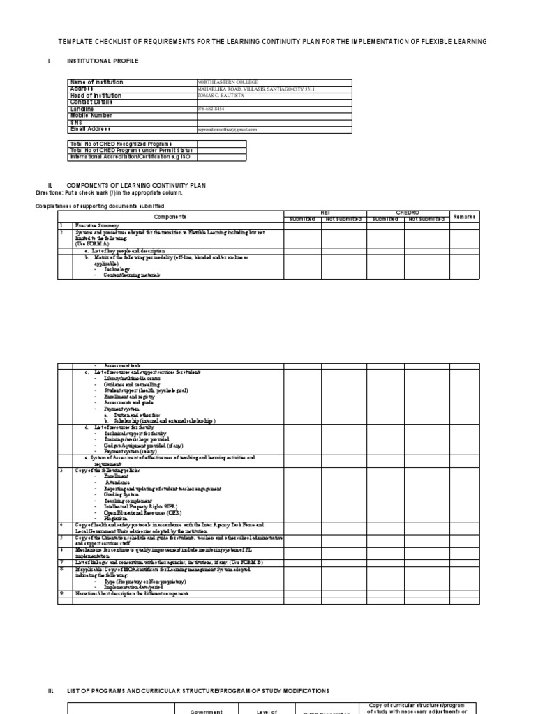 It Checklist of Requirements For The Learning Continuity Plan For The ...