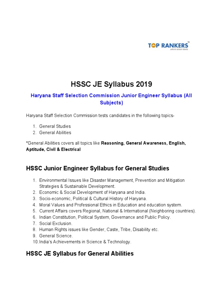 HSSC JE Syllabus 2019: Exam topics for Junior Engineer | PDF ...