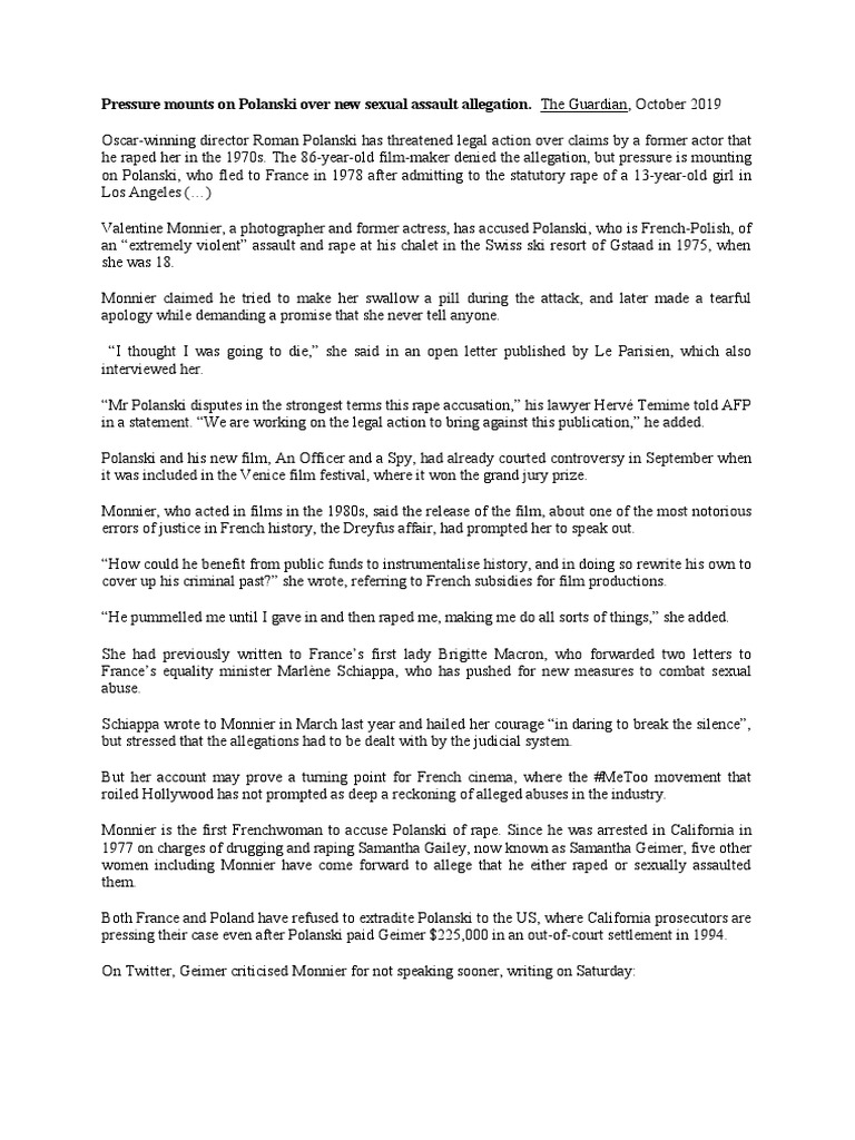 Pressure Mounts As Roman Polanski TEXT | PDF | Misconduct | Violence