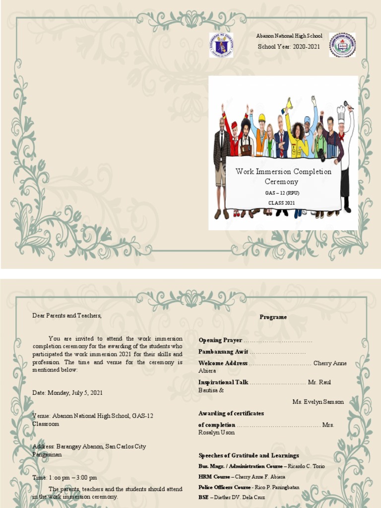 Work Immersion Ceremony Invitation 2021 | PDF