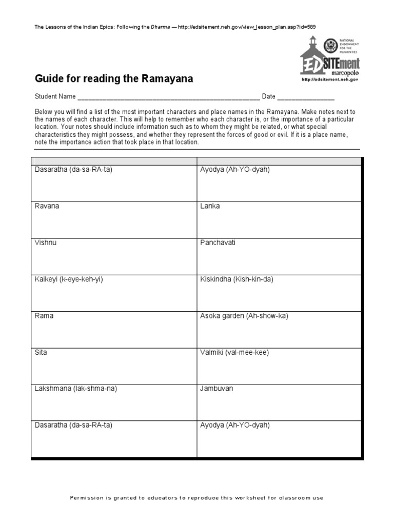 Lessons of The Indian Epics - The Ramayana - Worksheet 1 - Reading ...