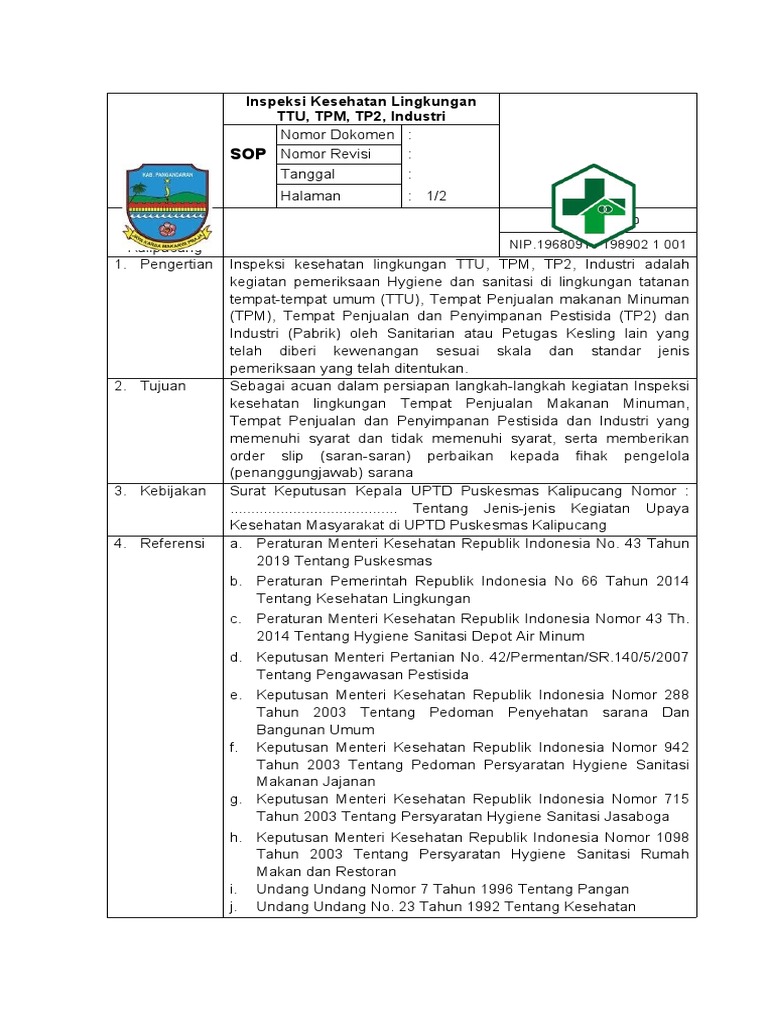 SOP Inspeksi Sanitasi TTU TPM TP2 Dan Industri 21 | PDF