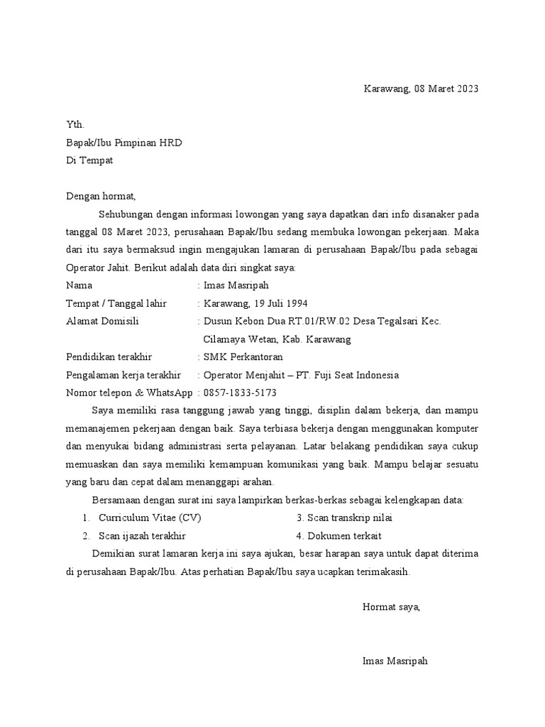 Surat Lamaran Kerja - Imas | PDF