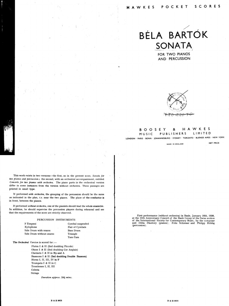Bartok Sonata For Two Pianos and Percussion (Pocket Score) | PDF