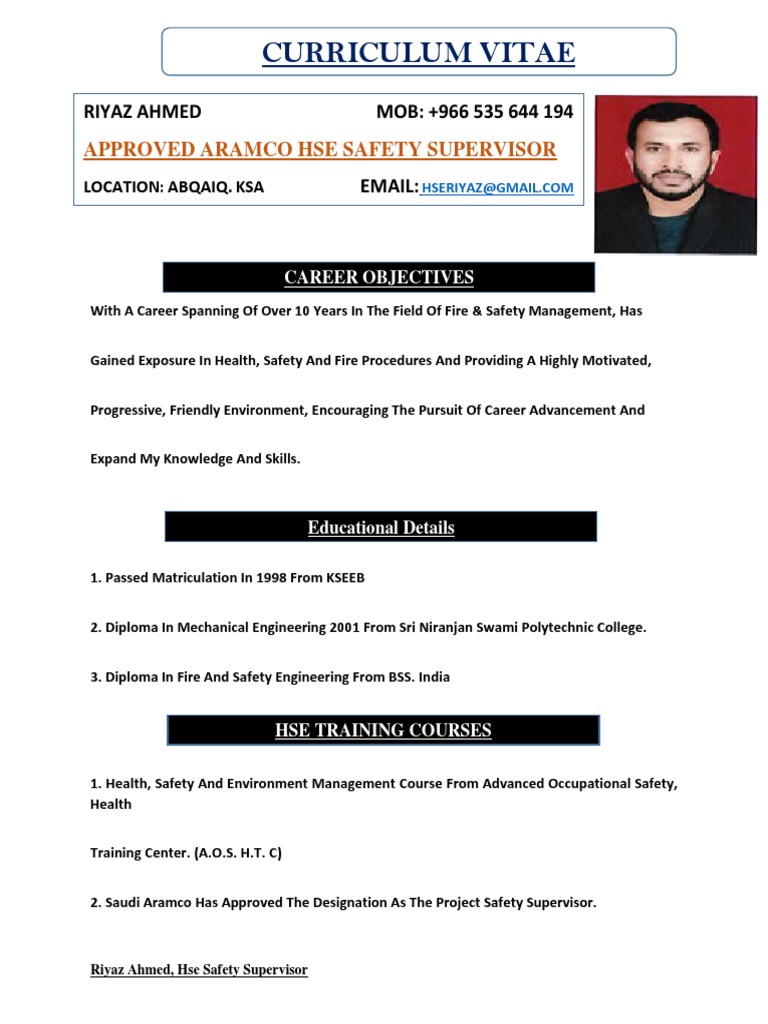 CV Riyaz Ahmed-1 PDF | PDF | Occupational Safety And Health | Safety