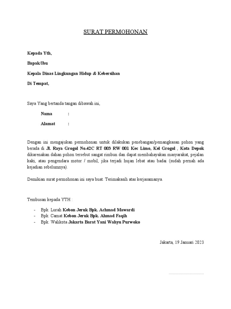Contoh Surat Permohonan Pemangkasan Pohon | PDF Contoh Surat Permohonan Pemangkasan Pohon | PDF
