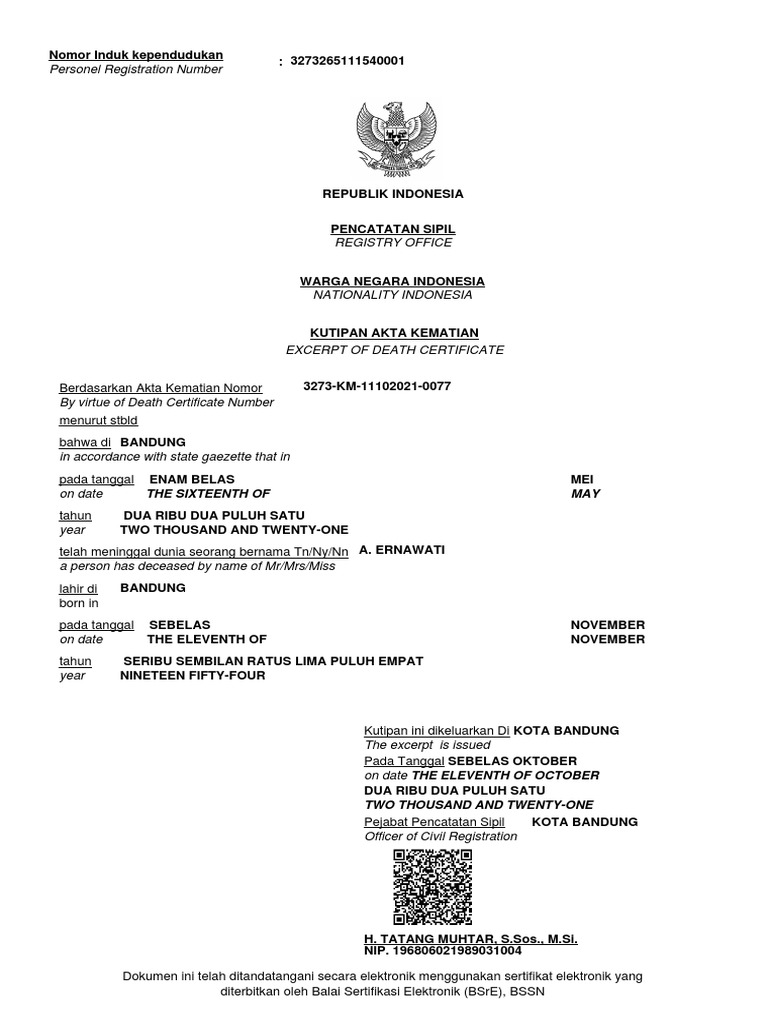 Death Certificate Excerpt For A Ernawati Pdf