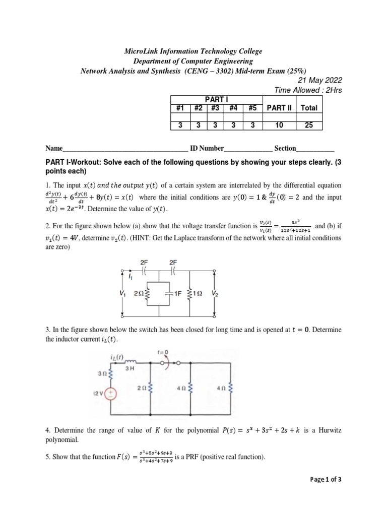 Network Analysis and Synthesis Mid Term Exam May 2022 Second Semester | PDF | Applied ...
