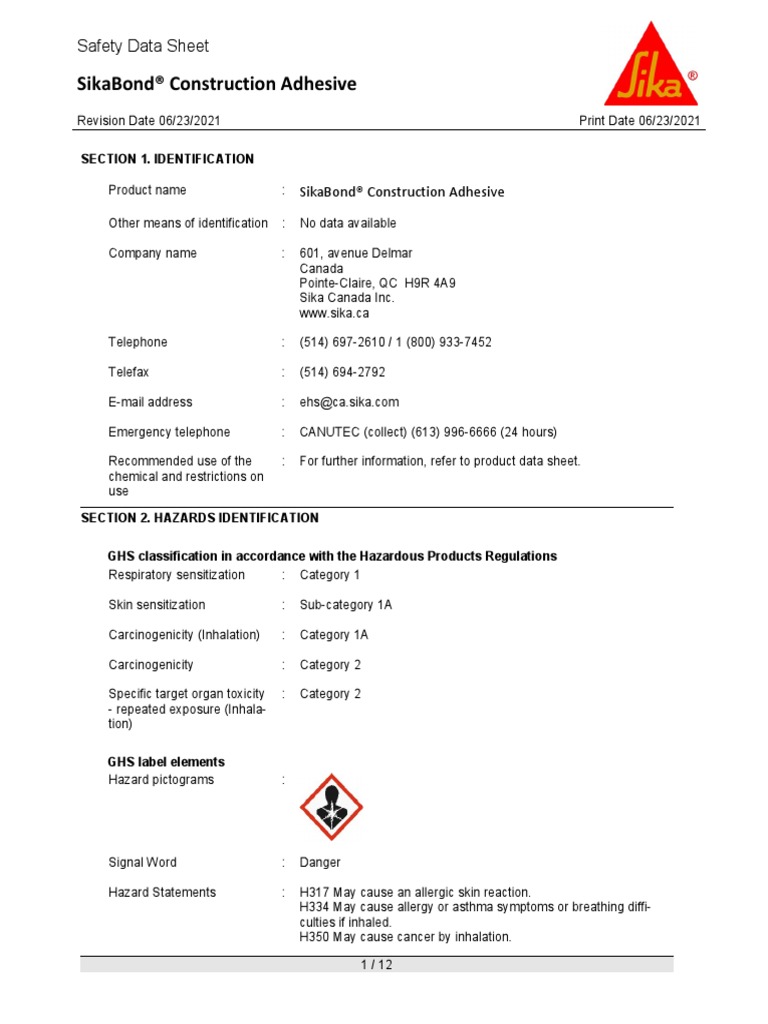 SikaBond Construction Adhesive-E PDF | PDF | Toxicity | Personal ...