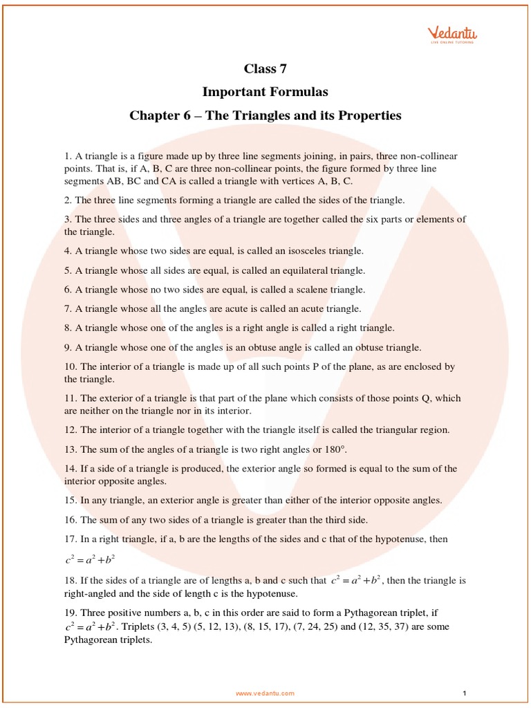 NCERT Class 7 Maths Chapter 6 Triangle and Its Properties Formulas PDF ...