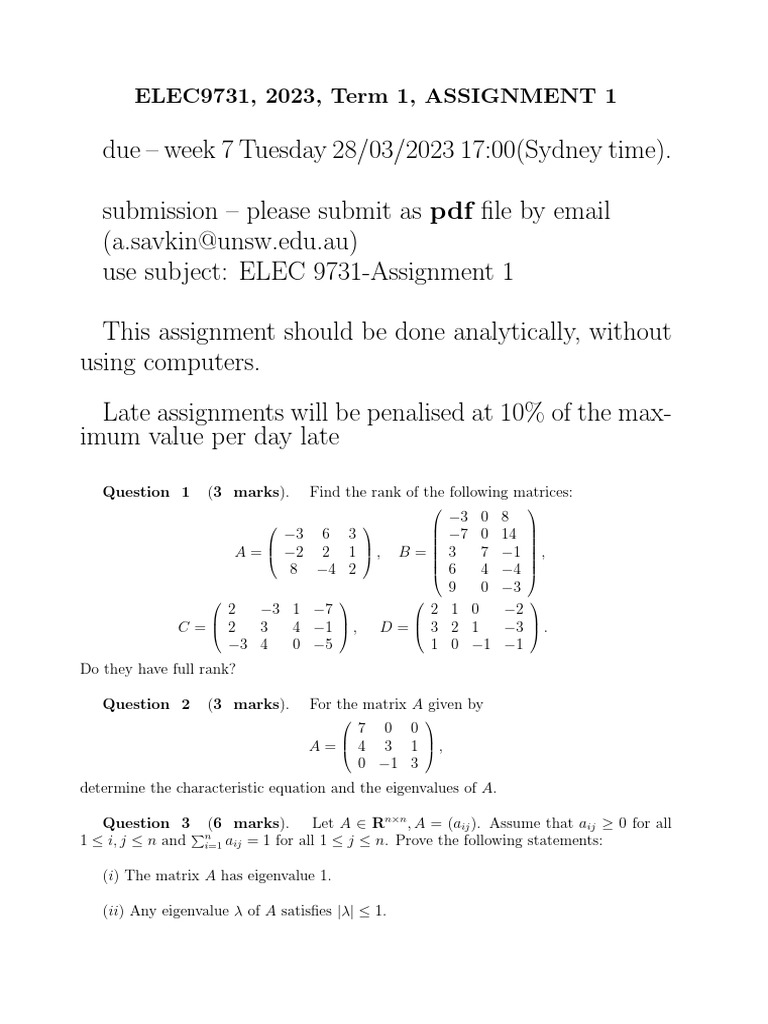 Elec97312023a1 | PDF | Eigenvalues And Eigenvectors | Matrix (Mathematics)