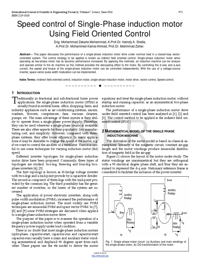 Speed Control Of Single Phase Induction Motor Using Field Oriented Control Pdf Electric