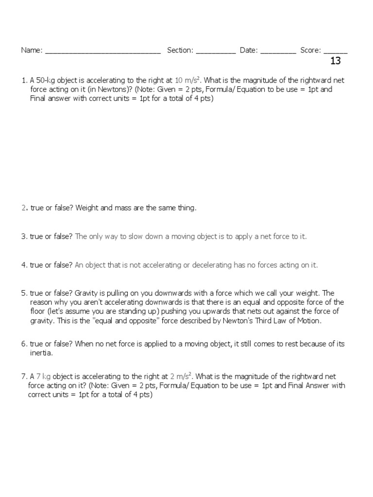Newtons Laws of Motion Worksheet 1 | PDF