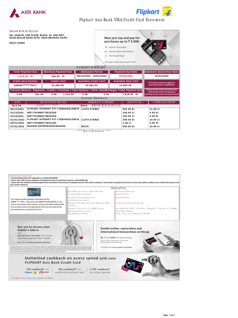 Flipkart Axis Bank Credit Card Statement | PDF | Credit Card | Payments