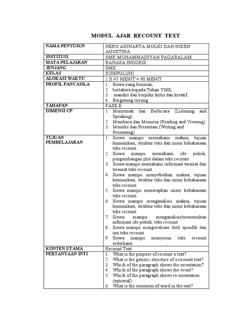 Modul Ajar Teks Recount Bahasa Inggris | PDF | Seni & Disiplin Bahasa