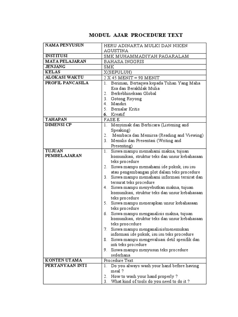 10 Modul Ajar Procedure Text | PDF