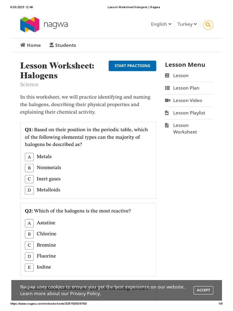 Lesson Worksheet - Halogens - Nagwa | PDF | Chlorine | Chemical Elements