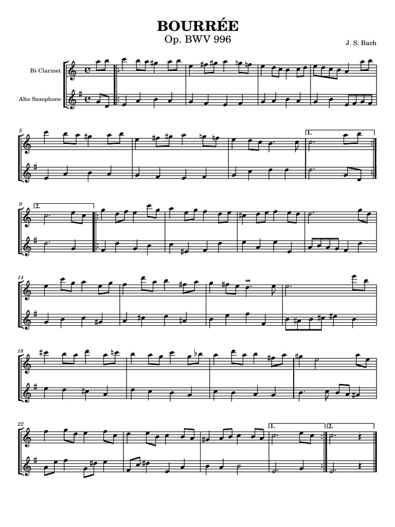 BOURRE BWV 996 by J. S. BACH - DUET FOR B FLAT CLARINET AND ALTO ...