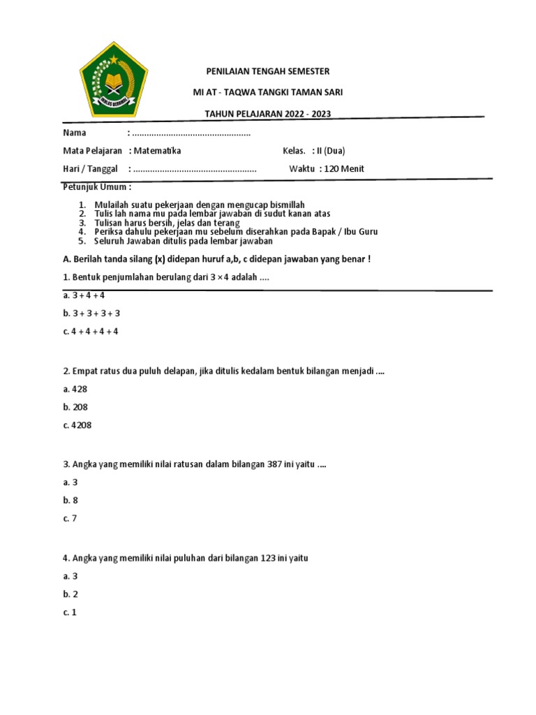SOAL PTS MTK KELAS II SEMESTER II.docx | PDF