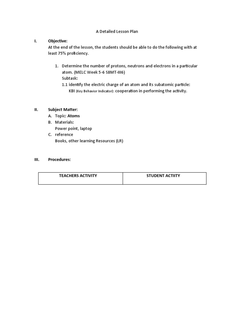 A Detailed Lesson Plan | PDF | Atoms | Proton