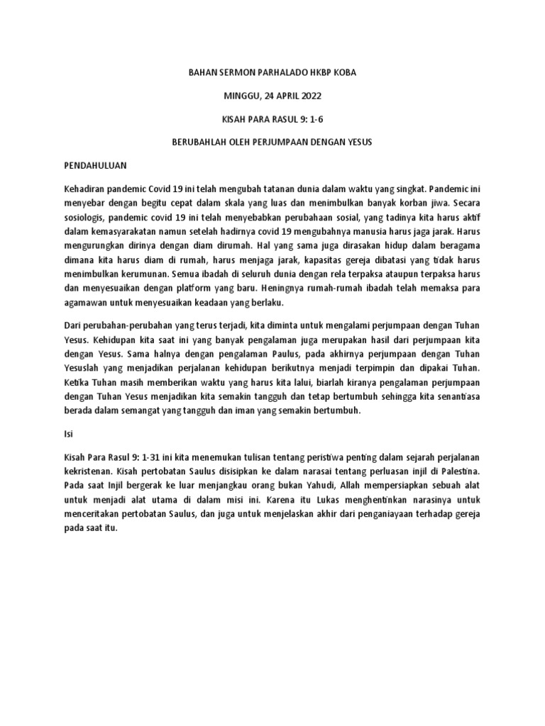 Bahan Sermon Parhalado HKBP Kob1 | PDF