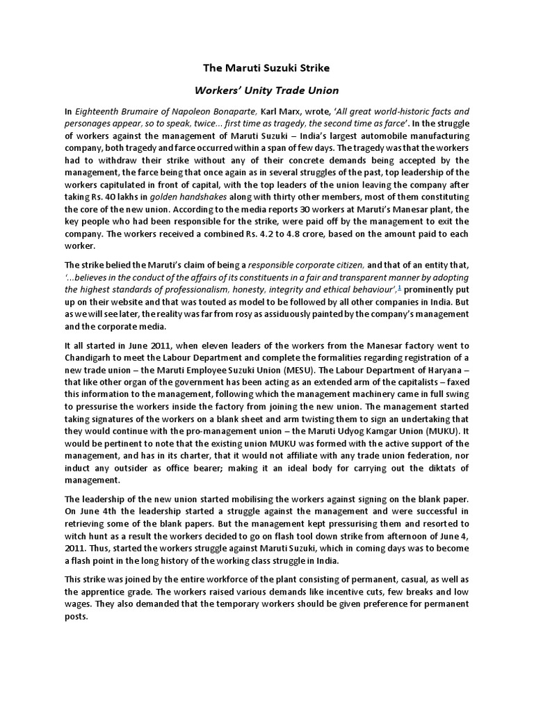 Case Study 1 The Maruti Suzuki Strike | PDF | Trade Union | Strike Action