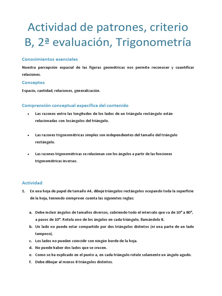 (Criterio B 2 Evaluación) Actividad Patrones Trigonometría 4º ESO | PDF