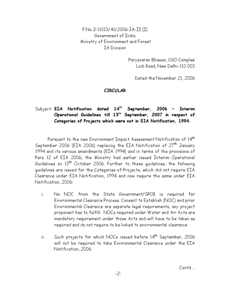 Circular On Categories of Projects Which Were Not in EIA Notification ...