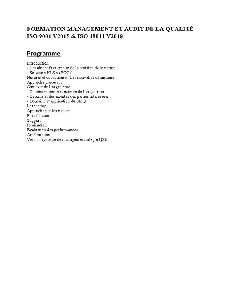 Formation ISO 9001:2015 et Audit Qualité | PDF